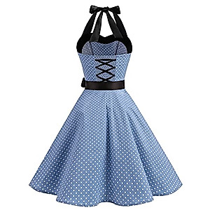 DRESSTELLS Women Vintage 1950s Cocktail Polka Dot Dress, 50s 60s Retro Pinup Formal Wedding Party Halter Rockabilly Swing Dress Blue Small White Dot S
