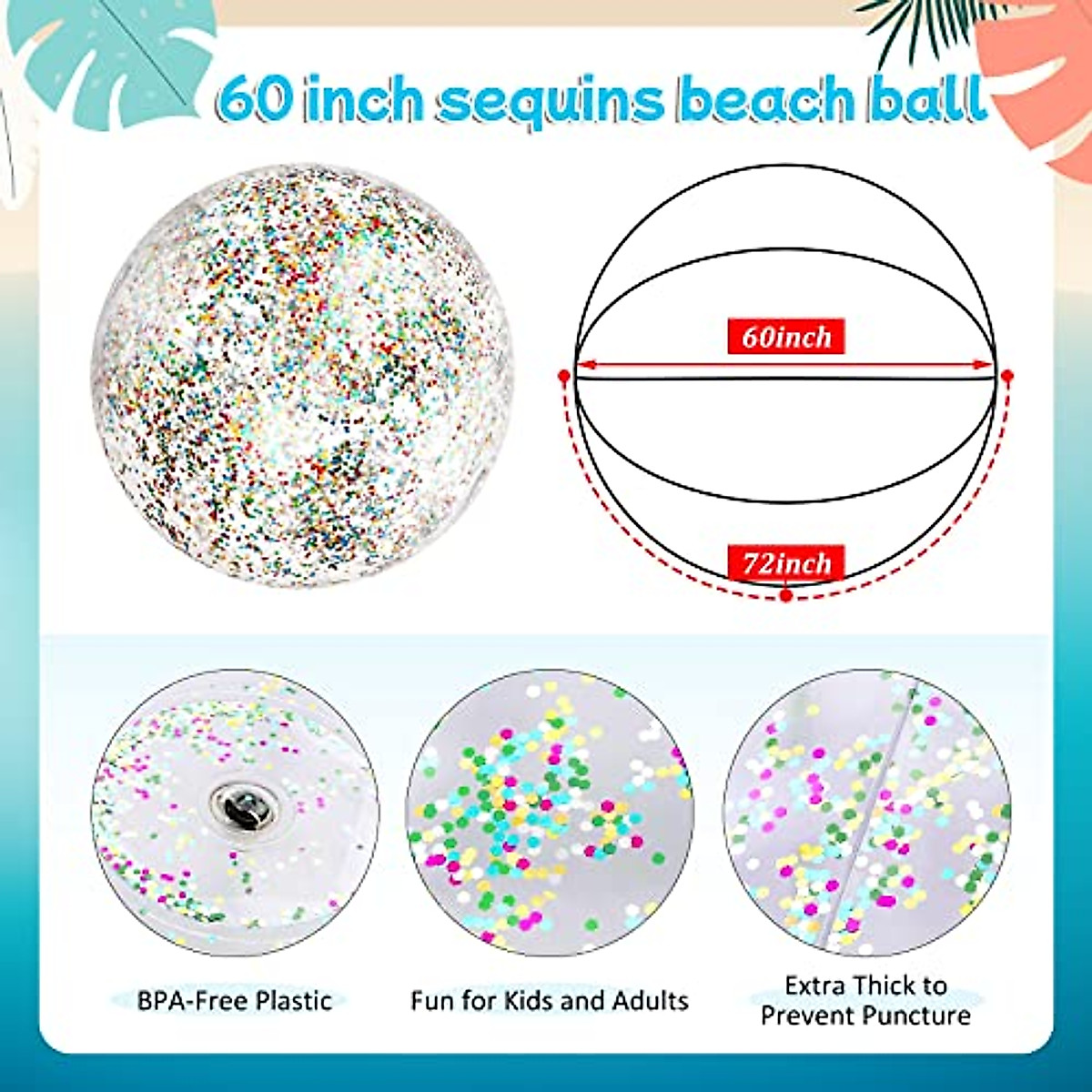 Leitee Giant Sequins Beach Ball 5 FT Huge Confetti Glitters Inflatable Clear Beach Ball Oversized Blow up Plastic Inflatable Balls for Summer Swimming Pool Party Favors and Massive Water Games (5 Ft)