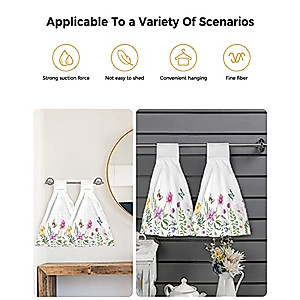 Spring Blossom Flowers and Butterfly Hanging Kitchen Towels Soft Absorbent Hand Tie Towels Set with Hook&Loop,Botanical Plants on White Tea Bar Dish Cloths Towel for Bathroom Laundry Room BBQ,2pc
