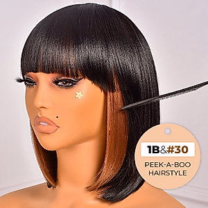ToyoTress Bob Wig With Bangs - 12 Inch Peek-a-boo Color Short Bob Wig For Black Women Black Mix Brown Daily Costume Wigs, Light Yaki Straight Synthetic Hair Wigs Heat Resistant (12 Inch, SH30-612H)