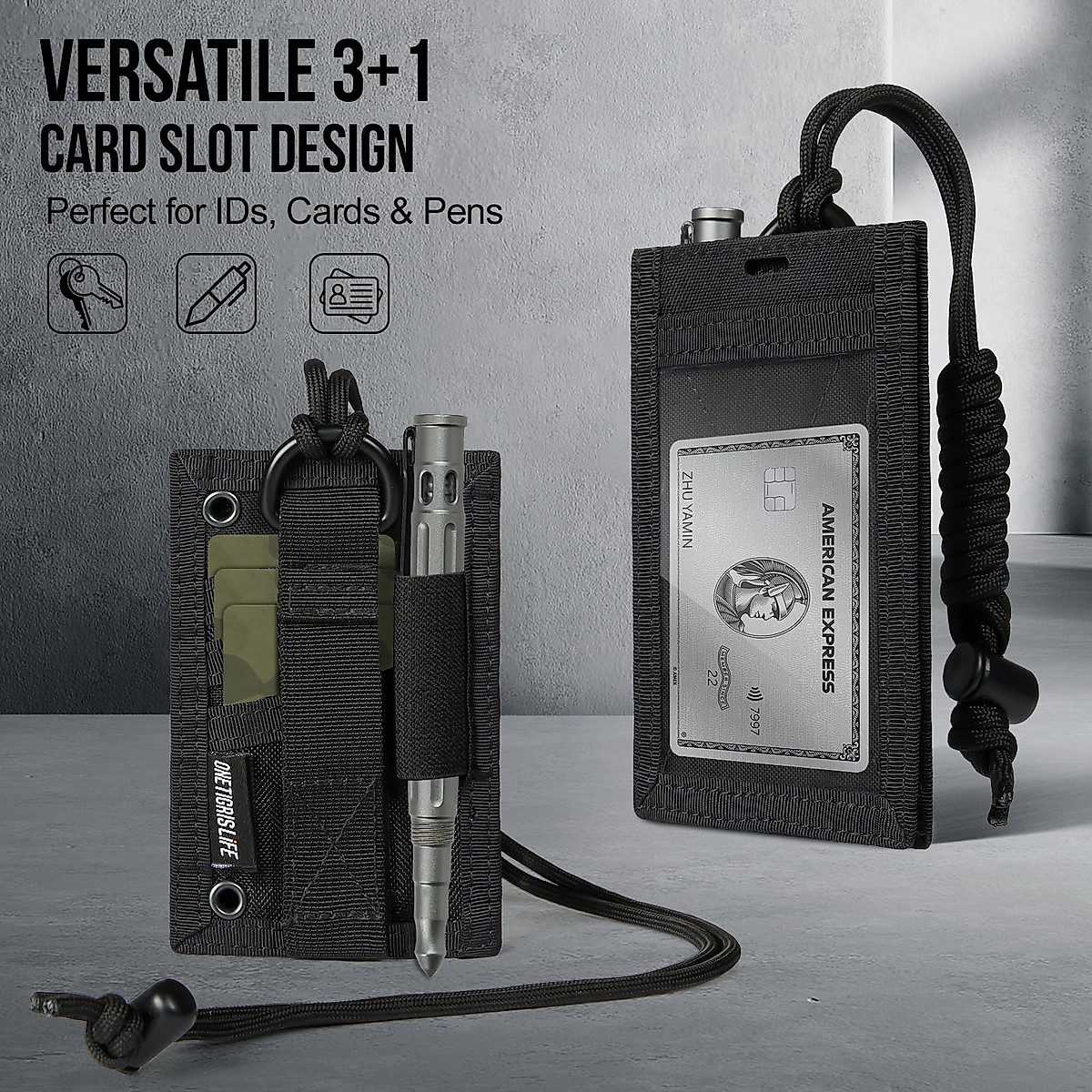 OneTigris Tactical ID Card Holder Hook & Loop Patch Badge Holder Neck Lanyard Key Ring and Credit Card Organizer (Black)