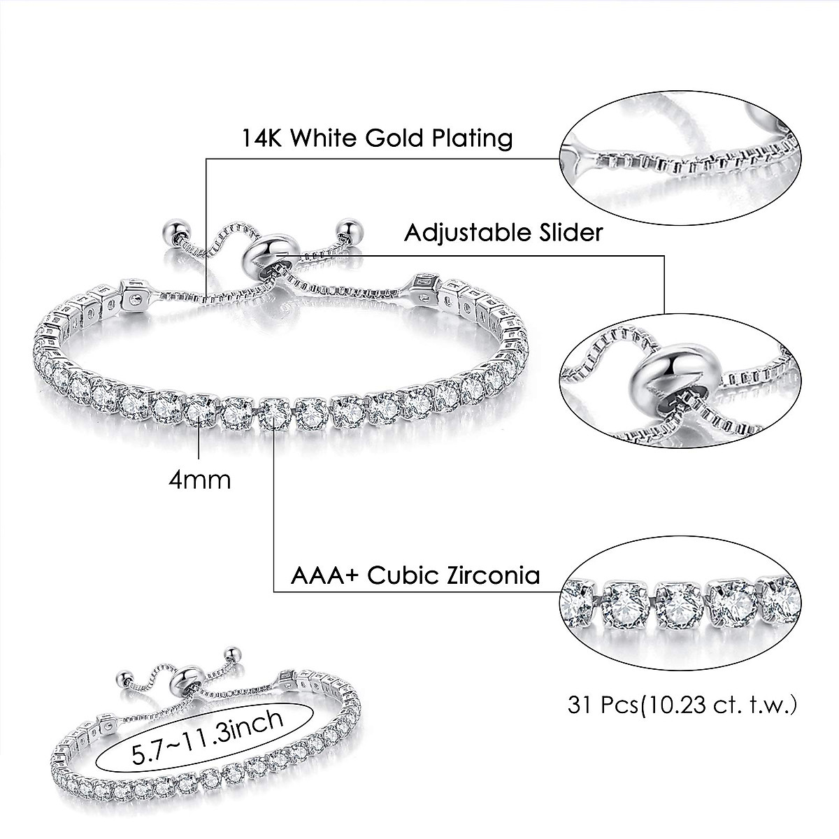 YOYUNLUO 3 Pcs Tennis Bracelets for Women 4mm 5A+ Cubic Zirconia CZ Diamond Silver Adjustable Bracelet Fashion Jewelry Wedding Gift Size 6.5-7.5 Inch