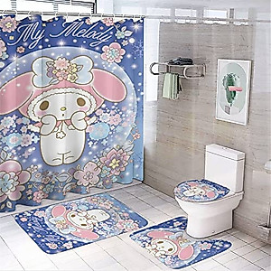 fmsnupz 4PCS Anime Shower Curtain Set, Cute Bathroom Decor with Non-Slip Rugs, Toilet Lid Cover and Bath Mat, Waterproof Fabric Shower Curtains with 12 Hooks, 70.8"x70.8"
