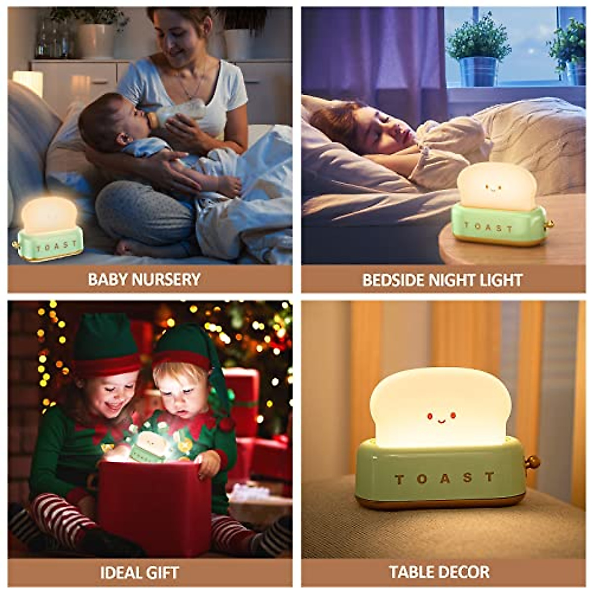 Cute Night Light, Kawaii Toast Night Lamp for Desk Decor, Table, Baby Nursery and Bedroom Room Decor Aesthetic, Dimmable Rechargeable Toaster Bread Lamp Gifts for Teens, Kids, Girls and Boys, Green