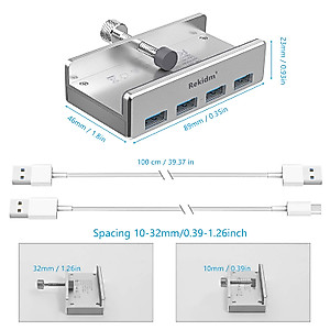 Powered USB Hub 3.0 – Rekidm USB Hub with Extra Power Supply Port, Aluminum Clamp for Desktop, Computer, PC, Table Edge with Durable Adjustable Clip, Compact Space-Saving Mountable USB Hub (Silver)