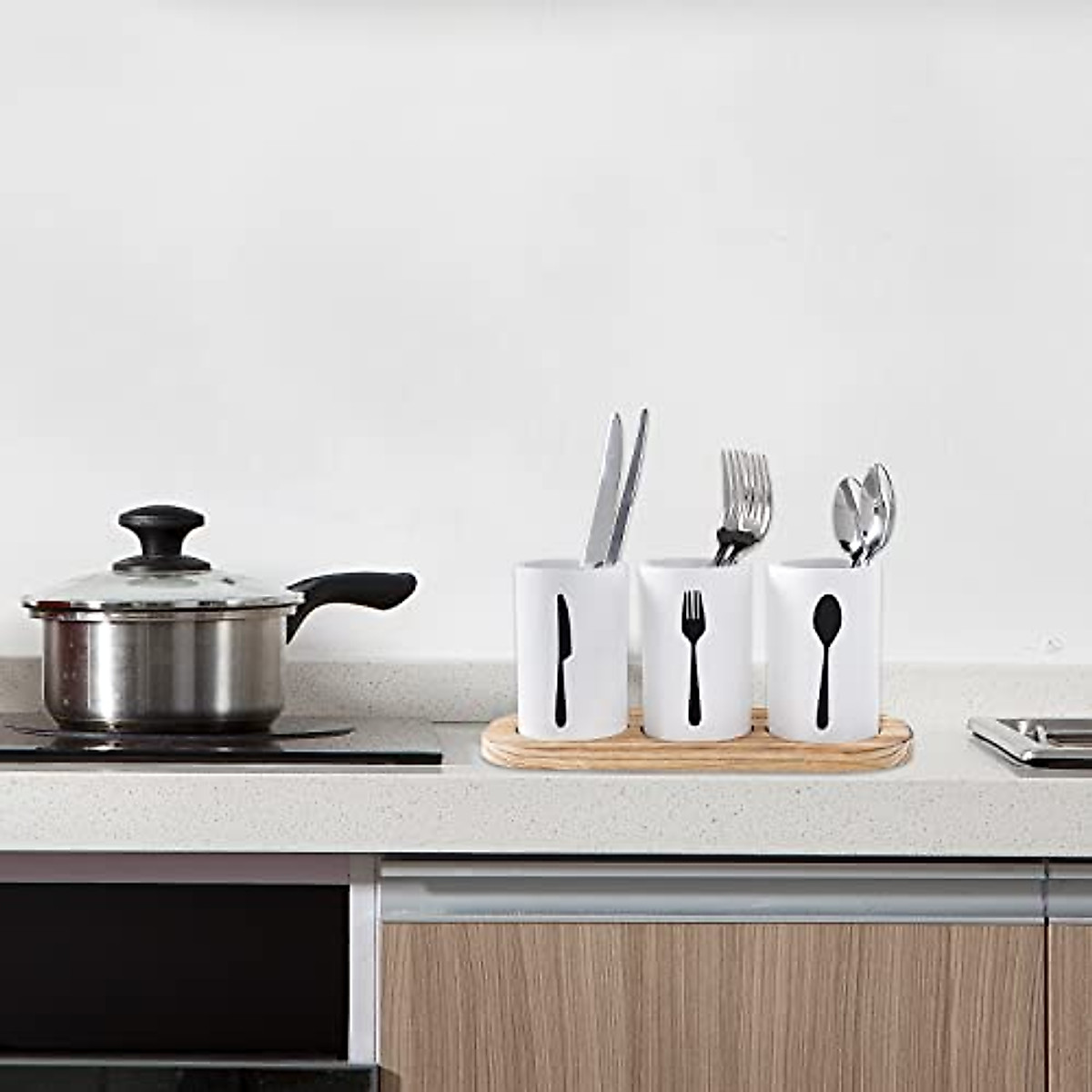 Silverware Organiser - Set of 3 (with wooden tray) Tabletop wooden silverware holder utensil holder for forks spoons knives party kitchen holder silverwareliving room Restaurant(white white white)