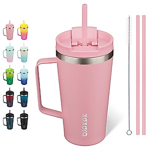 BJPKPK Insulated Tumbler with Handle, 18oz Insulated Tumblers with Lid and Straw, Stainless Steel Metal Water Bottles, Coffee Travel Mugs, Cups, Light Pink