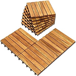 Interlocking Patio Deck Tile (Pack of 10, 12"x12") Acacia Hardwood Deck Tile in Solid Acacia Wooden Oiled Finish Waterproof All Weather Perfect for Indoor Outdoor(Golden Teak Color)…