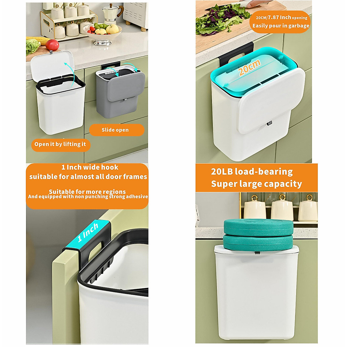 Cq acrylic 2.4 Gallon Kitchen Compost Bin for Counter Top or Under Sink,Hanging Kitchen Trash Can,Plastic Wall Mounted Garbage Can,Small Kitchen Waste Basket,Food Waste Bin for Countertop,Grey
