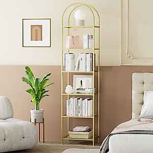 Homhedy 6-Tier Bookshelf Arched Display Racks, Metal Bookcase, Tempered Glass Shelves, Slim Storage Rack Shelf for Home Office, Living Room, Bedroom, Bathroom, Modern Style, Golden