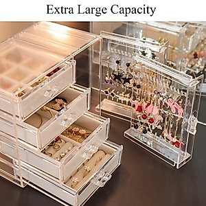 WMM Acrylic Jewelry Organizer Box, Clear Earring Jewelry Organizer Hanging Boxes with 4 Velvet Drawers, Birthday and Christmas Gift, Clear Acrylic Jewelry Box for Earrings Ring Bracelet Necklace