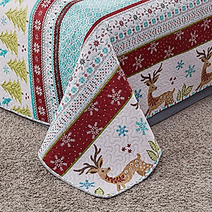 Jessy Home Christmas Bedding Set Queen Size Christmas Quilt Bedspread Xmas Reversible Christmas Coverlet Rustic Lodge Deer Snowflake Cabin Home Holiday Decor Christmas