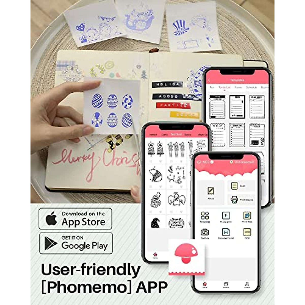 Phomemo M03 Pocket Printer- Portable Printer Photo Printer with 3 Roll 3 Inch Black on White, 77mm x 3.5m, 3 Inch X 11.5 ft, Compatible with iOS + Android for Photos, Journalist, Work, Plan-Black