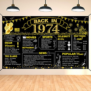 DARUNAXY 50th Birthday Black Gold Party Decoration, Back in 1974 Banner 50 Year Old Birthday Party Poster Supplies Vintage 1974 Backdrop Photography Background for Men & Women 50th Class Reunion Decor