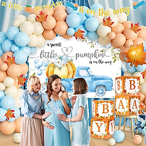 Fiesec Little Pumpkin Baby Shower Decorations for Boy, Thanksgiving Fall Baby Shower Backdrop Balloon Garland Maple Leaf Banner Tablecloth Box Cutout Cake Cupcake Topper Sash Blue Orange 173 PCs