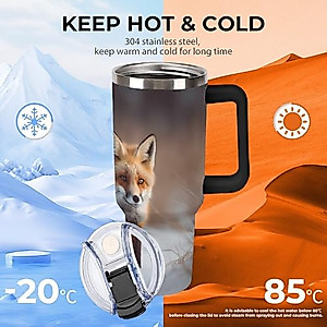 YTLKGFP 40 Oz Large Capacity Car Cup Cute Fox Tumbler with Handle (Black) Straw Lid Insulated Stainless Steel Water Bottle Travel Mug Leak-proof Car Cup Keeps Cold Or Hot