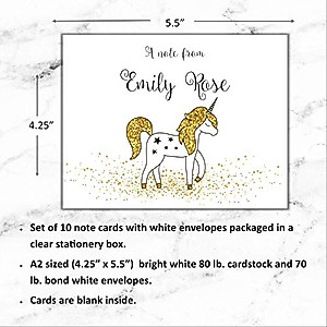 Gold Unicorn Note Cards with Envelopes, Personalized Stationery Set for Girls, Pack of 10 Folded Notecards