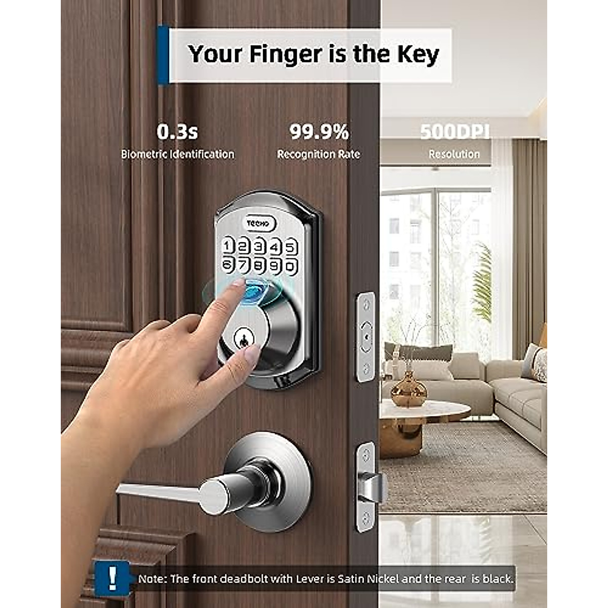 TEEHO TE002L Fingerprint Door Lock with 2 Lever Handles, Keyless Entry Deadbolt with Handle Set, Electronic Keypad Deadbolt for Front Door, Auto Lock and 1 Touch Locking, Satin Nickel