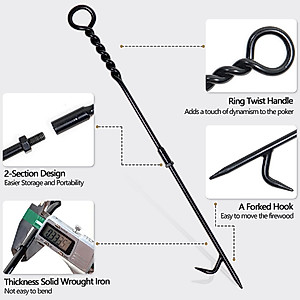 CKLT Fire Poker for Fire Pit Outdoor, 26inch Twisted Rope Design Camping Fireplace Poker, Removable and Portable Fire Pit Accessories, Heavy Duty Solid Steel Fireplace Tool Rust-Resistant Black Finish
