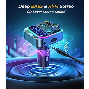 2022 Bluetooth 5.3 FM Transmitter for Car, JOYROOM [Stronger Dual Mics & HiFi Deep Bass Sound] , 48W PD&QC3.0 Bluetooth Car Adapter, Hands-Free Calling, Larger LED, AUX Output & U Disk
