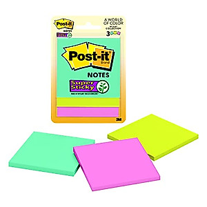 Post-it Super Sticky Notes, 3x3 in, 4 Pads, 2x the Sticking Power, Supernova Neons, Neon Colors, Recyclable(3321-SSAN-B)