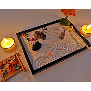 Japanese Zen Garden Kit - Mini Garden with Rock Bridge Pagoda Maple Trees Agate Stones - Meditation Gift Set for Relaxation - Home & Office Desk Decor with Rake Tools and Zen Accessories,Black