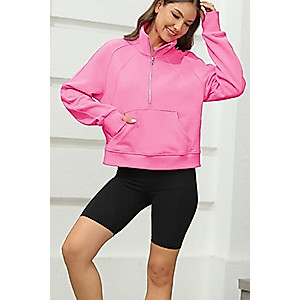 Womens Sweatshirts Half Zipper Crop Pullover Funnel Neck Fleece Lined Zip Up Long Sleeve Tops Thumb Hole Pink