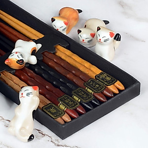 Chopsticks and Chopstick Holder, Cat Chopstick Holder | Japanese Style Chopsticks | Lucky Cat Chopsticks Rest Holder 5 Cats | Lucky Cat Chopsticks, Japanese Chopstick with Lucky Cat Rest