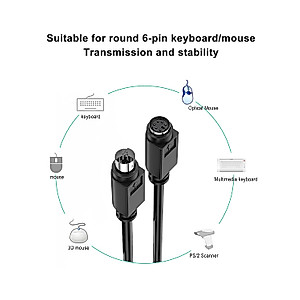 JUXINICE PS/2 Cable 6ft - Shielded Mini DIN 6-Pin Male to Male for PC Mouse & Keyboard - Black (PS/2 M/M 6FT 2M)