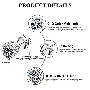 Tunzug Moissanite Stud Earrings DF Color Brilliant Round Cut Lab-Made Moissanite Earrings 18K Gold Plated 925 Sterling Silver Friction Base Stud Earrings for Men Women