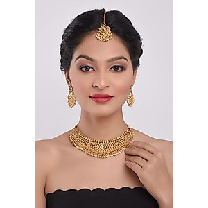 Efulgenz Indian Jewelry Sets for Women Gold Tone Indian Bollywood Traditional Crystal Pearl Wedding Choker Necklace Earrings Maang Tikka Jewelry Set Indian Bridal Jewelry