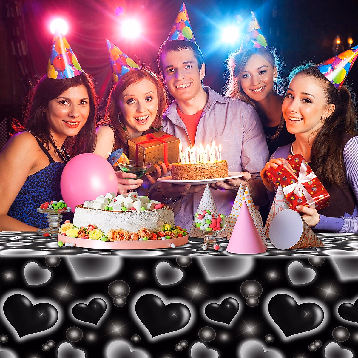 Tudomro 3 Pack 2000s Tablecloth Decoration Cholo Party Table Cover 90s Table Covers Heart Early Plastic Disposable Rectangle Table Decoration for Birthday Party Supplies, 54 x 108 Inches(Black)