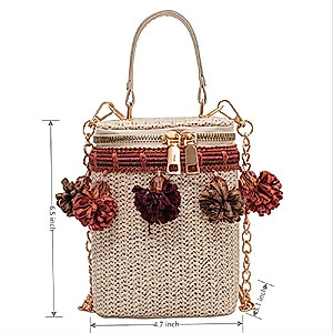 IAMUHI Womens Handwoven Straw Phone Bag Small Floral Tassel Cross-body Beach Purse Mini Bucket Tote Handbag,White
