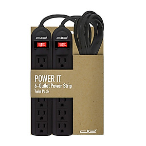 Digital Energy 2-Pack 6 Outlet Power Strip 450J Surge Protector with 3 Foot Extension Cord (Black)