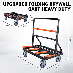 Folding Drywall Cart Heavy Duty,with Rubber Swivel Casters Panel Dolly Handling,Capacity for Home Warehouse, Handling Wall Panel,Sheetrock,Glass (Loading Deck No Extensible)