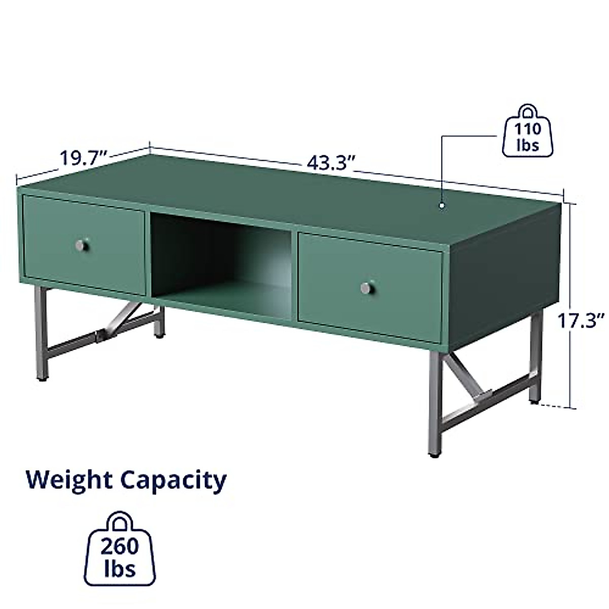 Cozy Castle Coffee Table with Drawers, 43" Mid Century Modern Coffee Table with Storage, Coffee Table with Metal Legs, Wood Small Coffee Table for Living Room, Bedroom and Office, Green