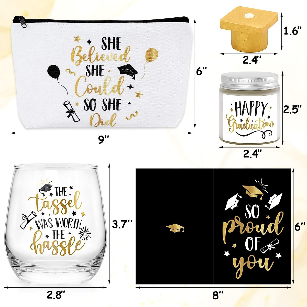 Levfla Graduation Gifts Set, Congratulations Present Box for Her Girl Women College Student with Pre-Packed Wine Glass Grad Cap Bath Bomb Makeup Bag Candle Card Black Gold