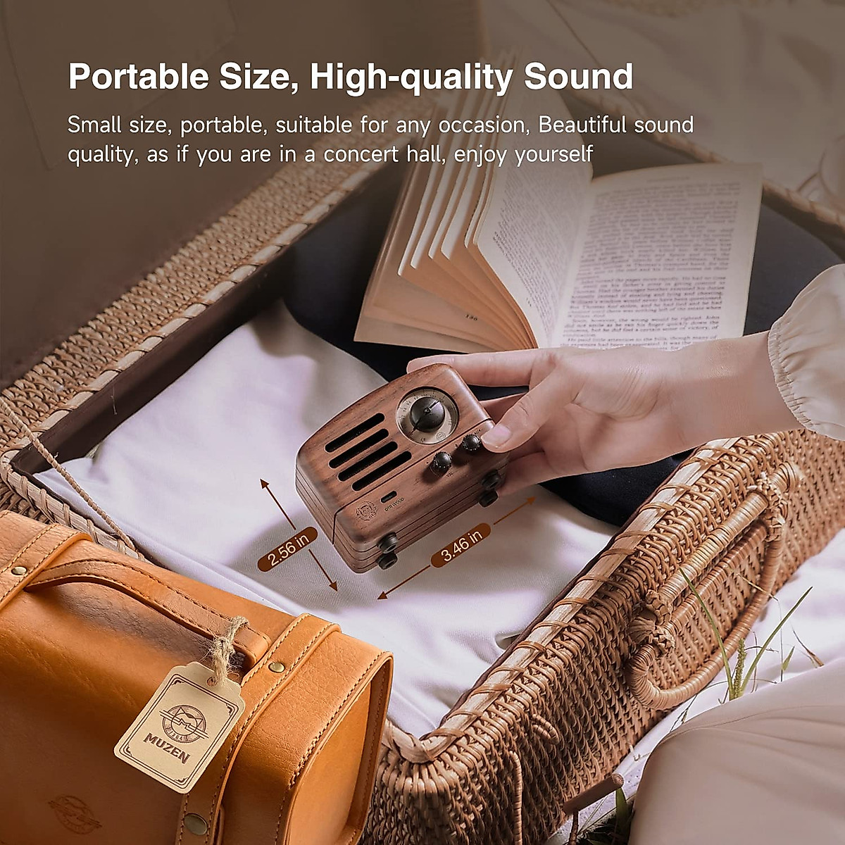 Muzen Portable Bluetooth Speaker, OTR Wood Vintage Small Wireless Speaker, FM Radio with Antenna AUX, 10h+ Long Playtime, High Fidelity Stereo Audio with Suitcase, for Gift Home Picnic