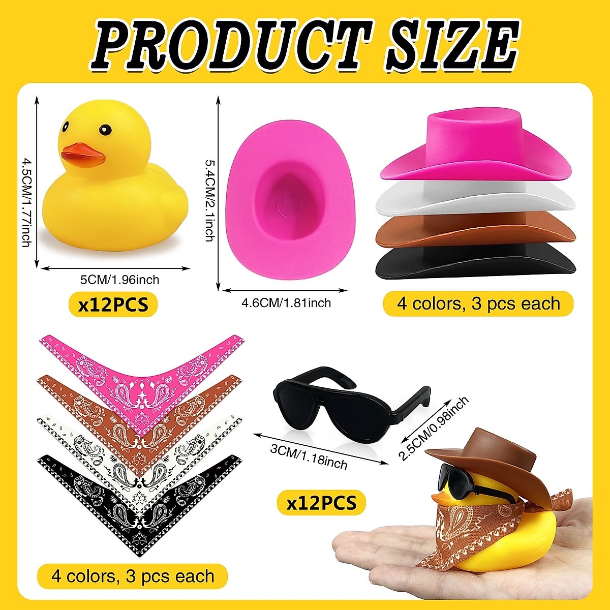 12 PCS Cowboy Duck with Hat and Sunglasses Mini Duckies Toys for Birthday Swimming Party Gift Favor
