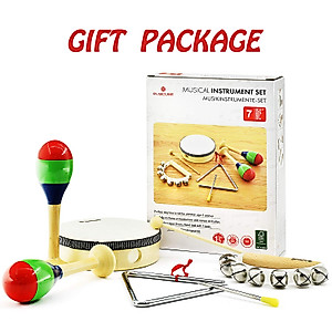 MUSICUBE 7 Pcs Musical Instrument Toys Set for Kids Wooden Percussion Instrument with Hand Drum, Maracas, Triangles, Hand Bell Educational Instrument for Toddler Birthday Gift for Boys Girls Aged 3+