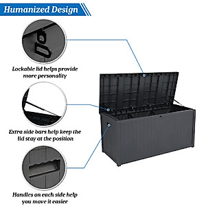 VINGLI Upgraded 113 Gallon Outdoor Storage Box, Lockable Plastic Storage Containers with Lid, Wooden Grain Surface Deck Box Patio Furniture for Garden, Pool, Balcony, Yard (Grey)