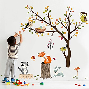 decalmile Woodland Wall Decals Animals Tree Owl Fox Deer Wall Stickers Kids Bedroom Baby Nursery Wall Decor