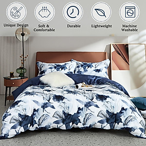 Mildly 100% Long Staple Cotton Duvet Cover Set Dark Blue Ginkgo Leaf Watercolor Comforter Cover Set