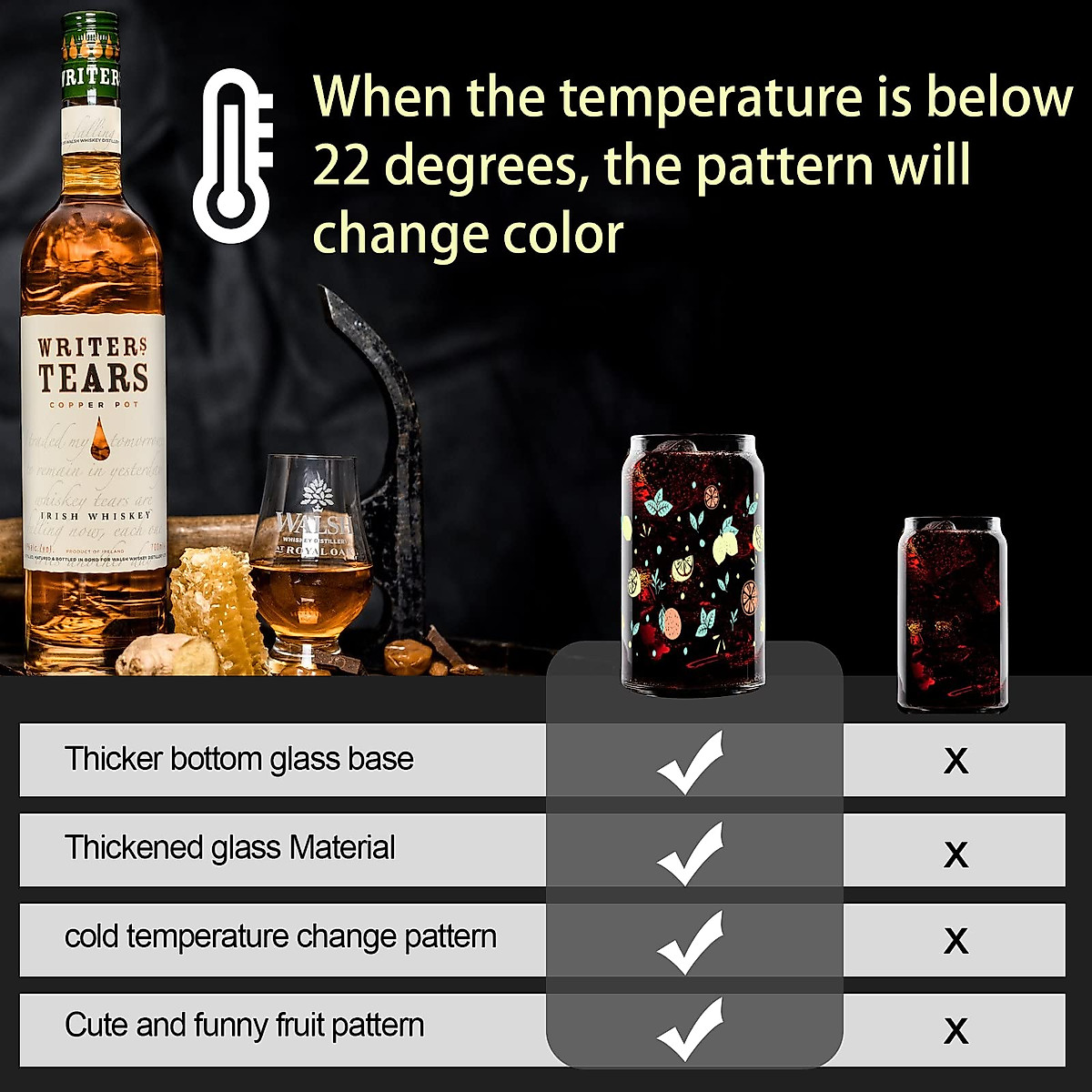 Cold Temperature Change Glass Cup - 4 Pack, 16 oz Can Shaped Glass Cups, Drinking Glasses, Beer Mug, Iced Coffee Mug, Cola Mug, Water Mug, Soda Mug, with Glass Straw and Two Cleaning Brushes