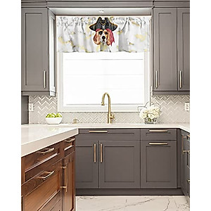Abstract Geometric Pirate Dog White Gold Marble Valance Curtains for Kitchen Small Windows,Blackout Short Window Treatment Cartoon Animal Rod Pocket Valance for Living Room Bedroom Decor,42"Wx12"L