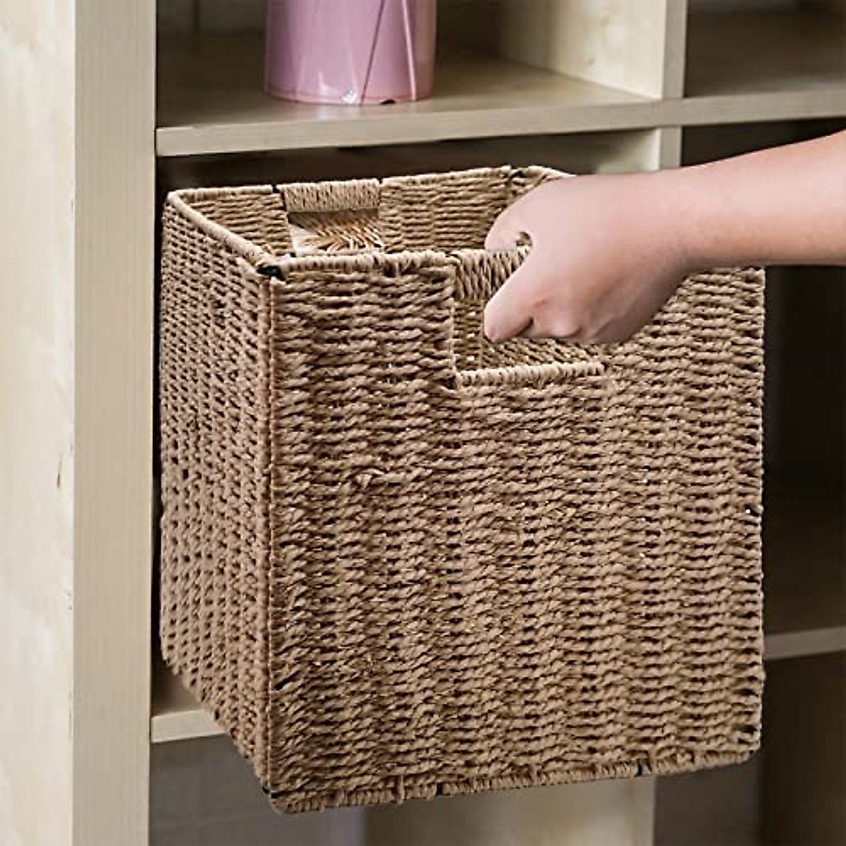 Foldable Wicker Storage Basket，Baskets for Shelves With Labels，3-Pack Pantry Baskets、Wicker Basket、Seagrass Baskets