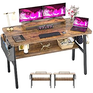 55 Inch Computer Desk, Desk with Monitor Stand, 55.2'' Office Laptop Table with Bookshelves, Study Writing Desk with Storage Bag and Hooks, Sturdy Desk for Home Office Workstation, Rustic