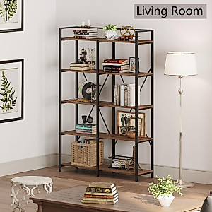 BON AUGURE Industrial Bookshelf, Bookcases and Bookshelves Etagere, Tall Large Farmhouse Book Shelves, 5 Tier Open Bookcase, Wood Metal Shelving Unit for Bedroom, Office (Rustic Oak)