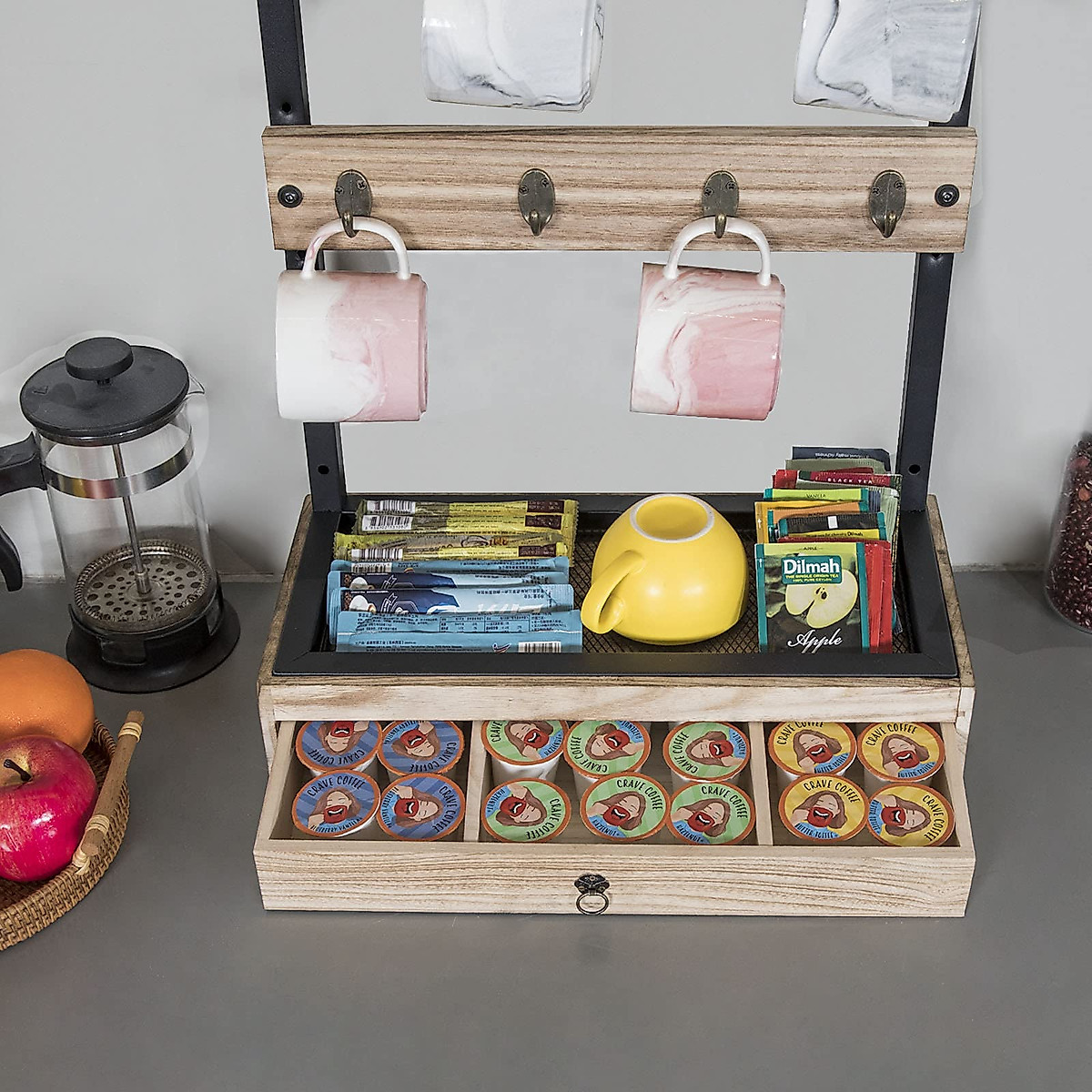 Yuzehuaza Wood Mug Cup Rack Stand with Drawer,2 Tier Countertop Coffee Mug Storage Holder for Coffee Mug Cups Display Organizer Hook,Hold 8 Mugs