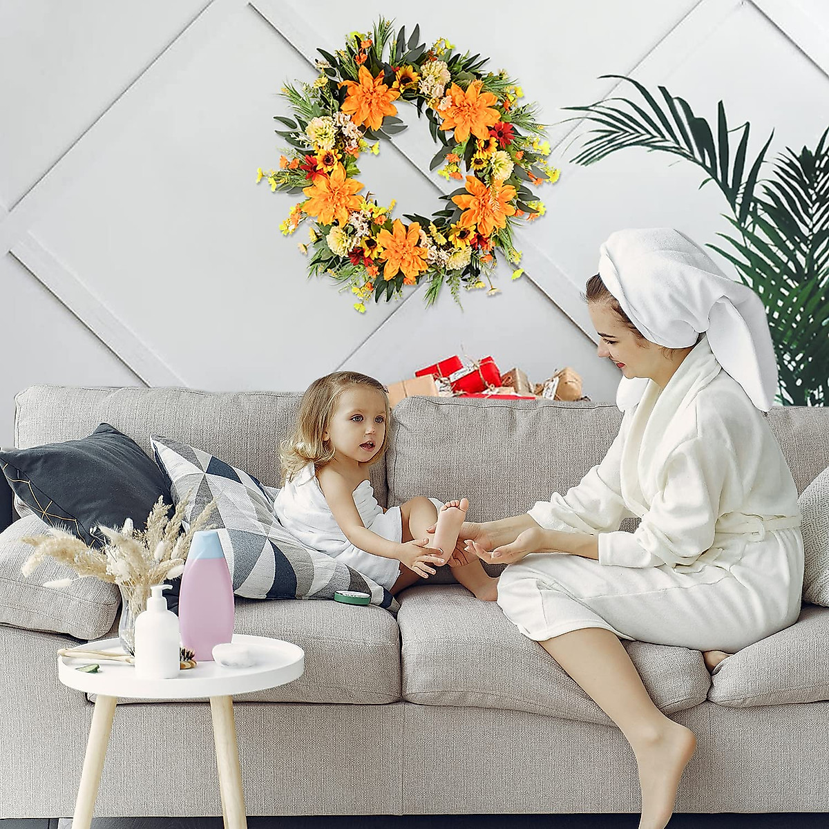 TechKen Door Wreath for Spring Summer Dahlia Wreath with Blossom Yellow & Orange Farmhouse Wreath on Grapevine for Front Door, Wall, Window Wreath 22-24inch